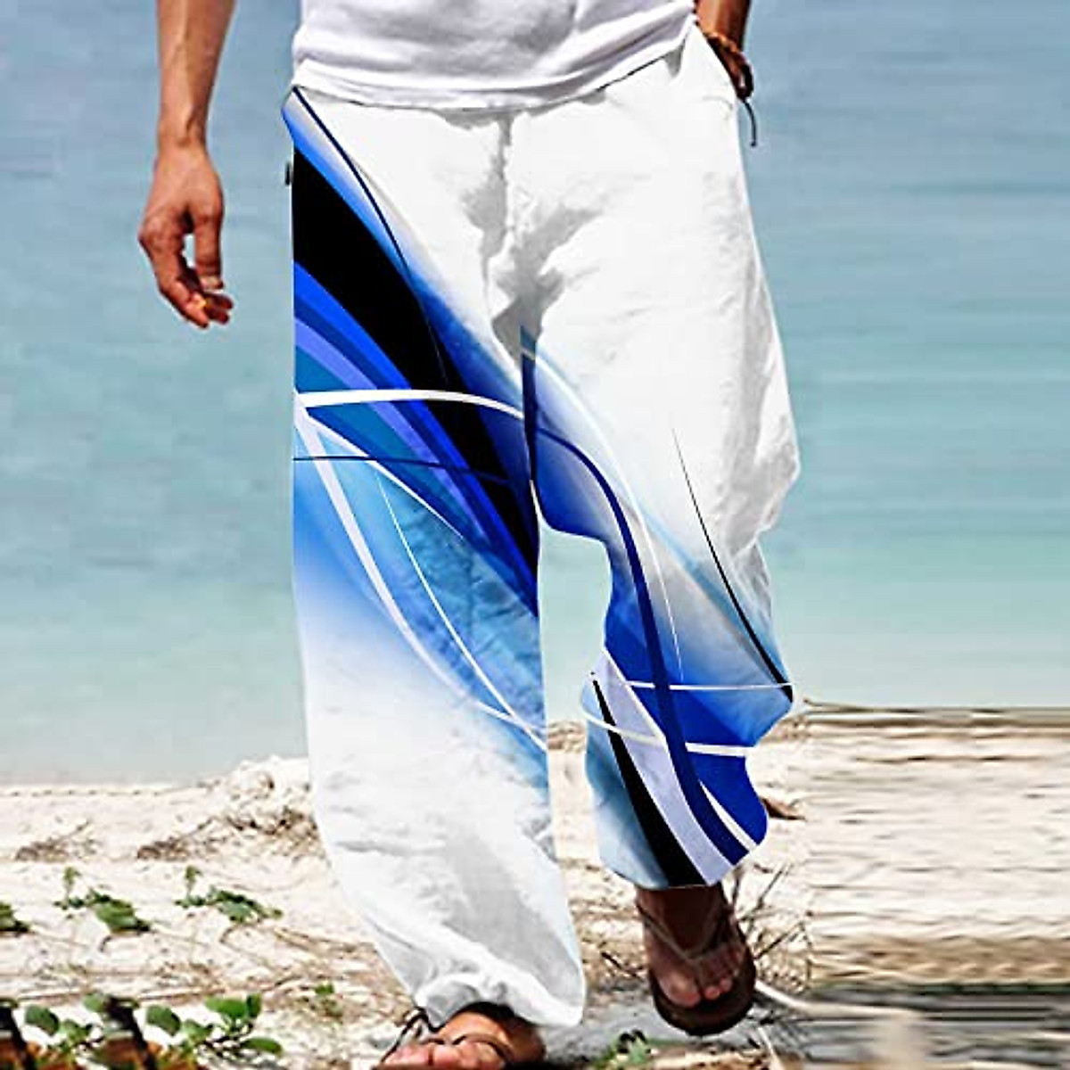 Cargo Sweatpants Mens Casual Khaki Pants Elastic Waistband Men Pants Fashion Print Cotton Linen Trousers Casual Stylish Drawstring Elastic Waist Straight Legs with Pockets Blue S