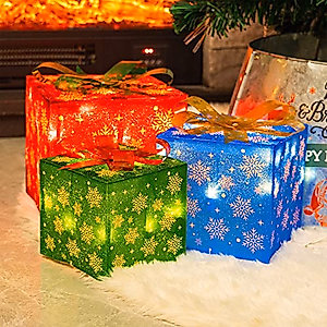 FUNPENY Set of 3 Christmas Lighted Gift Boxes, 50 LED Christmas Box Decorations, Presents Boxes (Snowflake)