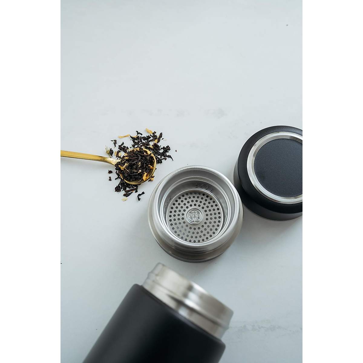 Insulated Tea Infuser Tumbler Thermos - Stainless Steel Travel Tea Mug with Lid | Cold Brew Coffee Mug Flask (Black Detachable, 15.9oz)