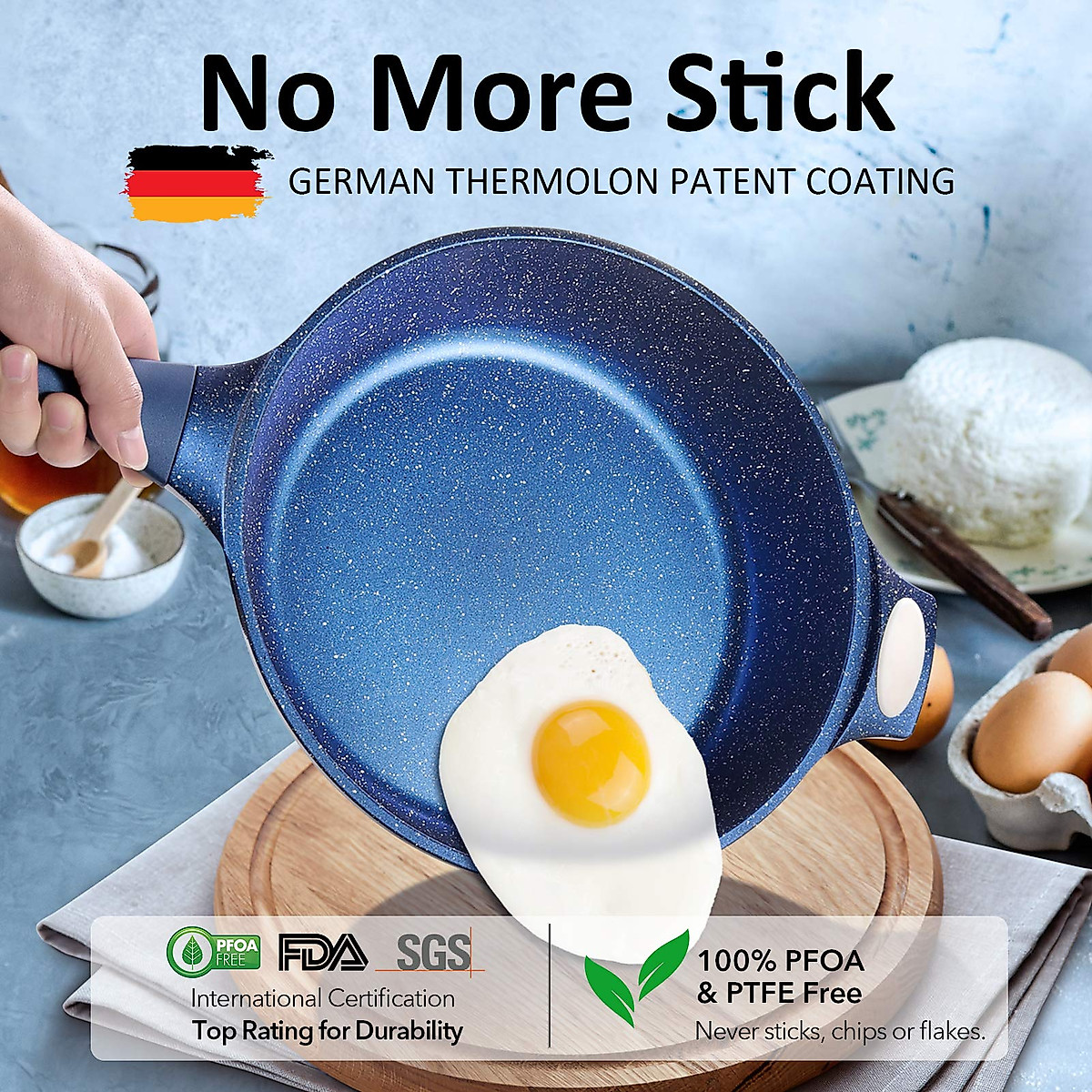 11" Nonstick Frying Pan with Lid - 11 Inch Nonstick Skillets with USA Blue Gradient Granite Derived Coating, Heat-resisted Silicon Handle, PFOA &PFOS Free, Induction Compatible, Ideal Christmas Gift