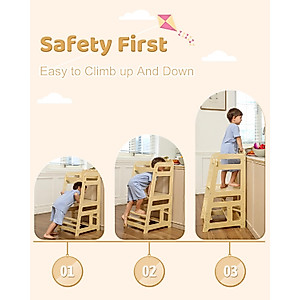 Lauon Step Stools for Kids, Adjustable Height Toddler Montessori Wooden Tower - Safe Anti-Drop Kitchen Stool Helper, Standing Tower for Bathroom & Counter