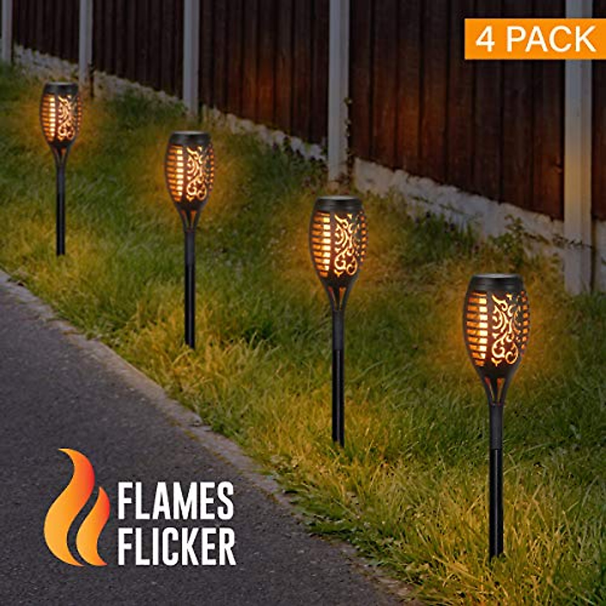 Exhart Garden Solar Lights, Set of 4 Flickering Flame Garden Stake Torches, LED Fire, Outdoor Garden and Yard Decoration, 3 x 20 Inch