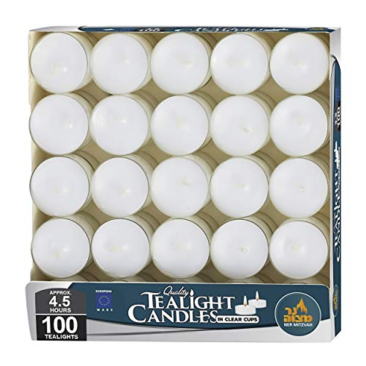 Ner Mitzvah Tea Light Candles - 100 Bulk Pack - White Unscented Tealight Candles in Clear Cup - Long Burning - 4.5 Hour