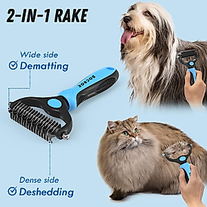 Docrok Pet Grooming Combo - Blue Deshedding Brush with Metal Comb for Detangling and Dematting Long, Matted Fur on Cats and Dogs
