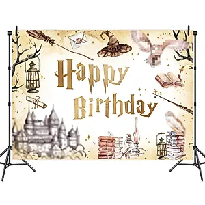 Wizard Happy Birthday Backdrop Magic School Castle Backdrop for Halloween Wizard Theme Photography Background Boys Girls Birthday Party Decoration Banner 7X5FT