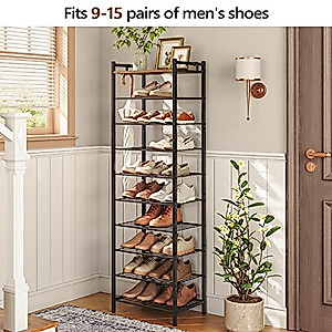 MAHANCRIS 10-Tier Metal Shoe Rack, Narrow Shoe Storage Organizer for Closet Entryway, Hold 9-20 Pairs of Shoes, Tall Skinny Shoe Shelf with 9 Metal Shelves, Easy Assembly, Rustic Brown SRHR1001Z