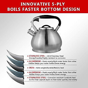 Whistling Tea Kettles Stovetop with Boils Faster Bottom,Surgical Brushed Stainless Steel Finish Whistling Teapot, 3 Quart,1YR Warranty, 1 Tea Maker Infuser Included by Kmatee