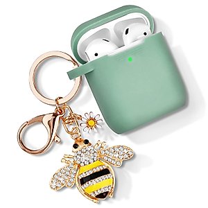 Filoto AirPods Case, Cute AirPod 2nd Generation Case Cover for Women Girls, Silicone Apple AirPods Gen 1/2 Protective Earbuds Case with Rhinestone Bee Keychain Accessories (Cactus Green)