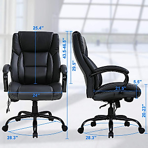 Big and Tall Executive Office Chair - Heavy Duty 500lbs Wide Seat PU Leather Swivel Rolling, Ergonomic Desk Computer Chair w/High Back & Lumbar Support Arms for Home Office Black
