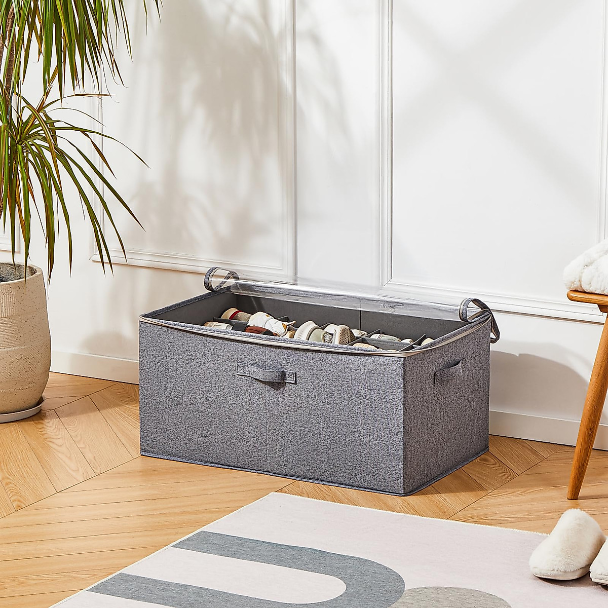 Berdeng Shoe Storage Organizer for Closet, Shoe Box Organizer, Space Saving Foldable Shoe Rack, Shoe Storage Cabinet with Clear Cover and Reinforced Handles, Fits 20 Pairs, Grey