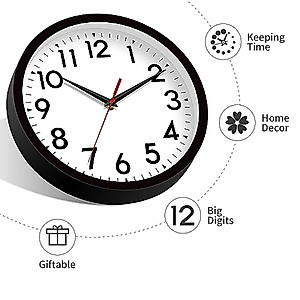 DAXSMY Wall Clock, Analog Clock Small, 10 Inch Silent Non-Ticking Wall Clocks Battery Operated Decorative for Kitchen, Office, Outdoor, Bedroom, Bathroom, Living Room, School, Classroom(Black)