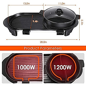 Electric Hot Pot Grill Removable Shabu-shabu Pot Korean BBQ Grill W/ Large Baking Tray Divider Hotpot, Smokeless Non-Stick Cooker Pan, Adjustable Temperature, 1-6 People, 110V