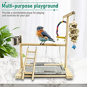 Hamiledyi Bird Playground Parrots Play Stand Natural Wooden Parrot Perch Gym Playpen Pet Parakeet Ladders with Feeder Cups for Cockatoo Conure Cockatiel Cage Accessories Exercise Toy (Include a Tray)