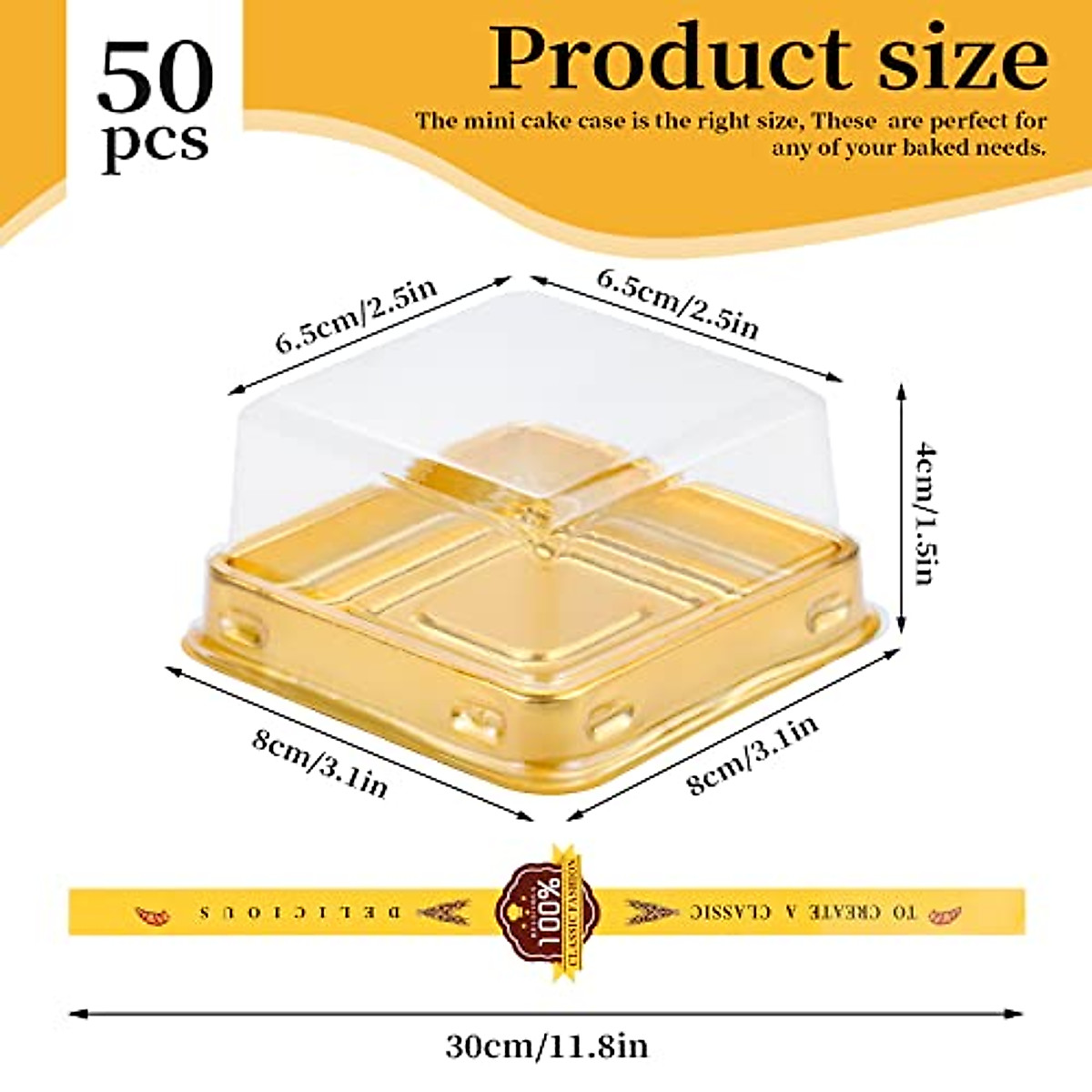 Fyess 50 Pack Mini Charcuterie Cups Bundlt Cake Containers Plastic Cupcake Boxes with Dome Lids for Dessert and other Snacks,Golden