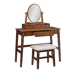 Linon Iris Wood Vanity & Padded Stool Set Oval Mirror 5 Drawers in Walnut Brown