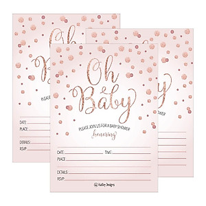 25 Blush Rose Gold Girl Oh Baby Shower Invitations, Cute Princess Printed Fill or Write In Blank Invite, Printable Shabby Chic Unique Custom Vintage Coed Twin Sprinkle Party Card Stock Paper Supplies