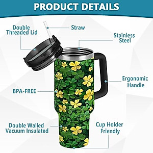 FRCSDIY Lucky Clover Insulated Tumbler with Handle and Straw Lid,30oz Leakproof Stainless Steel Cup BPA-Free Water Bottle