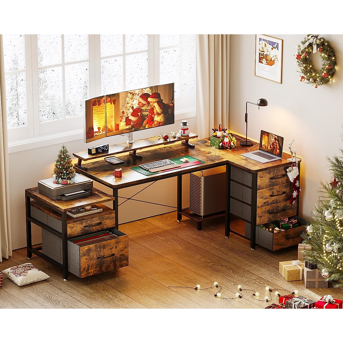 AODK L Shaped Desk with 6 Drawers & Power Outlet, 72 Inch Computer Desk with File Drawer & Printer Storage Shelves, Reversible Desk with Monitor Shelf for Home Office, Rustic Brown