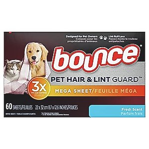 bounce Bounce Pet Hair & Lint Guard Mega Dryer Sheets with 3X Pet Hair Fighters, Fresh Scent, 60Count