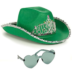 Funcredible Green Cowboy Hat and Glasses - Preppy Cowgirl Hat with Tiara - Sparkly Cowboy Hat - Cowgirl Outfit Accessories for Women and Girls