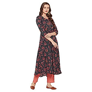 Tissu Women's Rayon Green & Pink Floral Printed A-Line Kurta 2201_Green_L