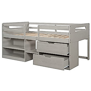 RORIGAT Twin Size Loft Bed with Two Shelves and Two Drawers, Wood Low Loft Bed Frame for Space Saving,Antique Gray