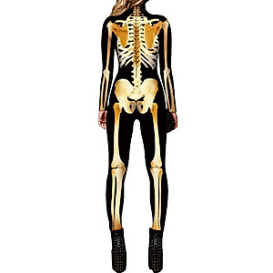 uideazone Halloween Costume for Women Golden Skeleton Skull Cosplay Jumpsuit Bodysuit Long Sleeve Skinny Outfits