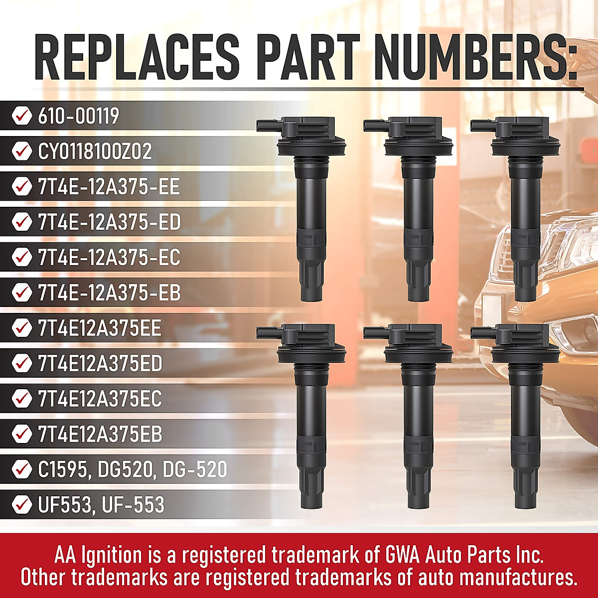 Ignition Coil Pack Set of 6 - Compatible with Ford, Mercury, Mazda & Lincoln Vehicles - 3.5L, 3.7L V6 Edge, F150, Explorer, Mustang, Taurus X, MKZ - Replaces 7T4E-12A375-EE, DG520, 7T4Z12029E, DG-520