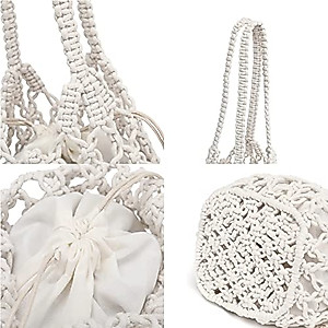 Woven Bucket Handbag for Women, Summer Beach Tote Bag Drawstring Shoulder Bag, Girls Handmade Bucket Bag for Travel Beach (White)