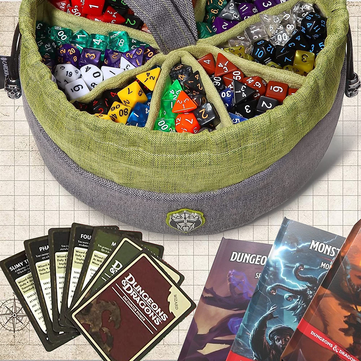 CardKingPro Monstrous - Dice Bag with 8 Pockets - Gray/Green - Huge Capacity 500+ Dice - Great for Dice Hoarders