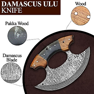 SHANZAY KNIVES SK Damascus ulu knife with leather sheath,6" pizza cutter with wooden handle for stable grip,Alaskan Ulu Knife Used For Multi-Purpose And gifting Its promise to make you happy!