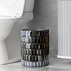 Escenzy Modern Bathroom Trash Can Mosaic Glass 6L | Decorative Small Garbage Can | 8" x 10" | Luxury Waste Basket for Bathroom, Office, Bedroom & Kitchen | Shiny Black and Gold Bathroom Accessories