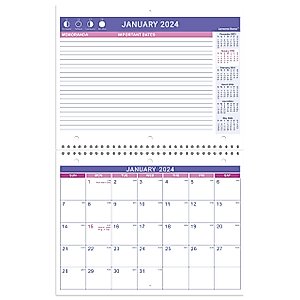 2024 Calendar - 2024 Wall Calendar, JAN. 2024 - DEC. 2024, 11" x 8.5", 12 Monthly Calendar 2024 with Twin-Wire Binding + Hanging Hook + Unuled Blocks with Julian Dates - Purple