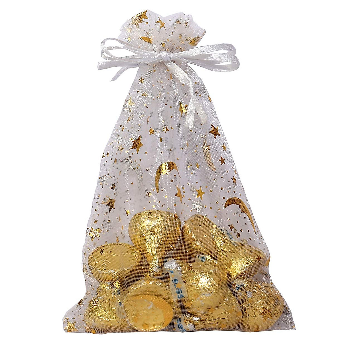 SUNGULF 100Pcs 4x6 Inches Sheer Organza Drawstring Pouches Stars and Moon Wedding Party Favor Jewelry Candy Gift Bags (White)