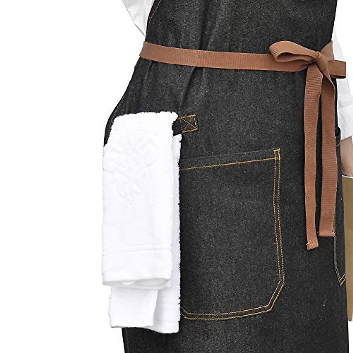 DingSay Trendy Denim Chef Apron with Pockets, Mens Womens Professional Kitchen Bib Black Apron for Cooking Grill BBQ Server, with Towel Loop and Adjustable Neck Straps