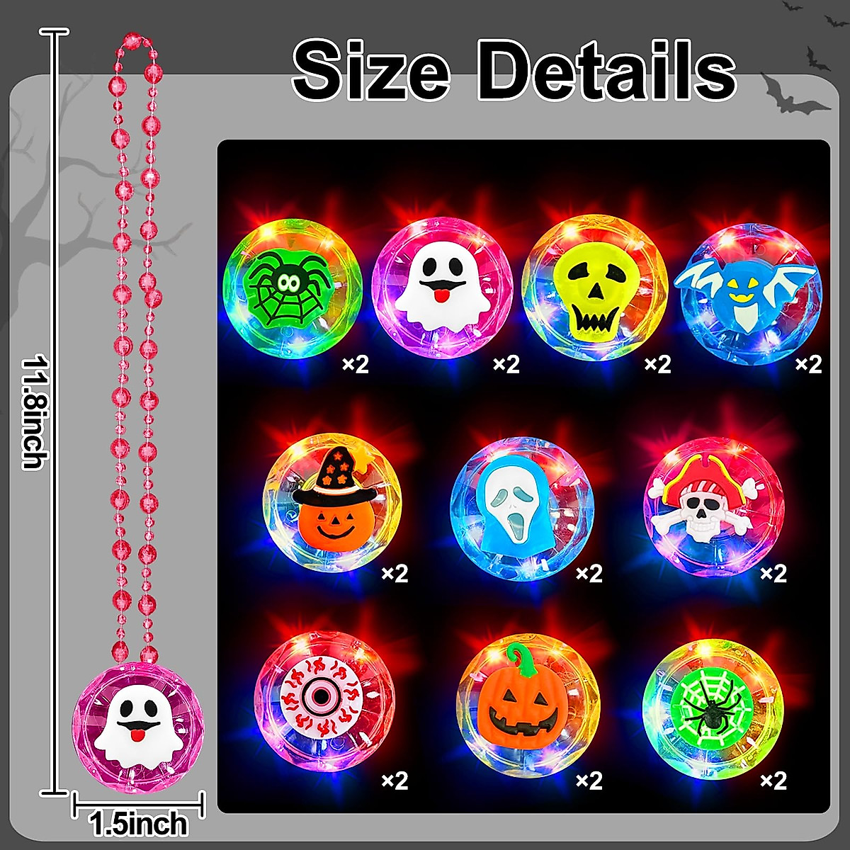 AMENON 20 Pcs Halloween Party Favors for Kids, 10 Styles LED Light Up Necklaces Halloween Toys Gifts Spider Ghost Glow in the Dark Trick or Treat Toys Party Supplies Halloween Treat Goodie Bag Fillers