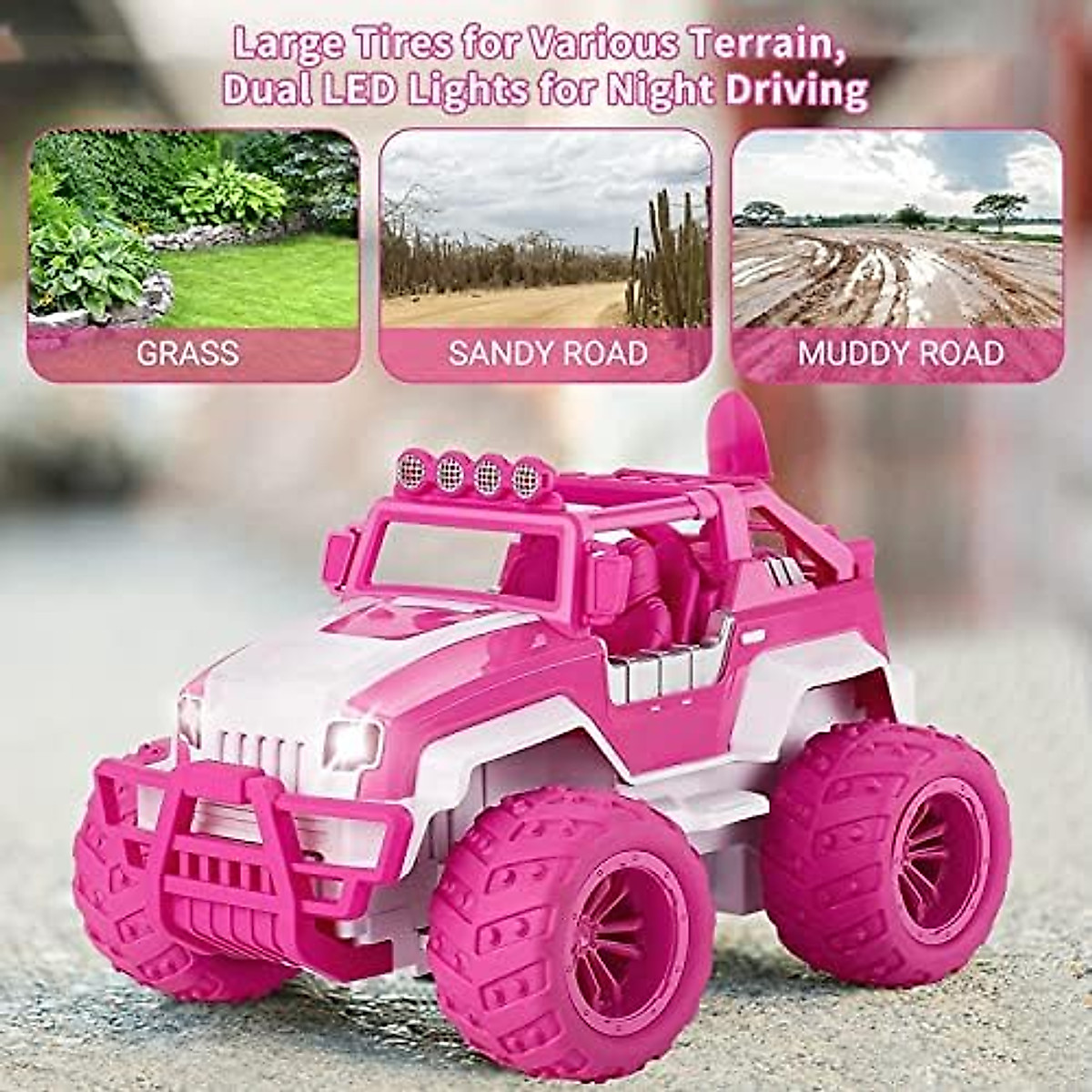 Goolsky Remote Control Car for Girls, 1:12 Pink RC Rock Crawler 2.4GHz 4WD RC Convertible Off-Road Vehicle All Terrains with Shovel Dual LED Lights Hobby RC Trucks Rechargeable Electric Toy for Kids