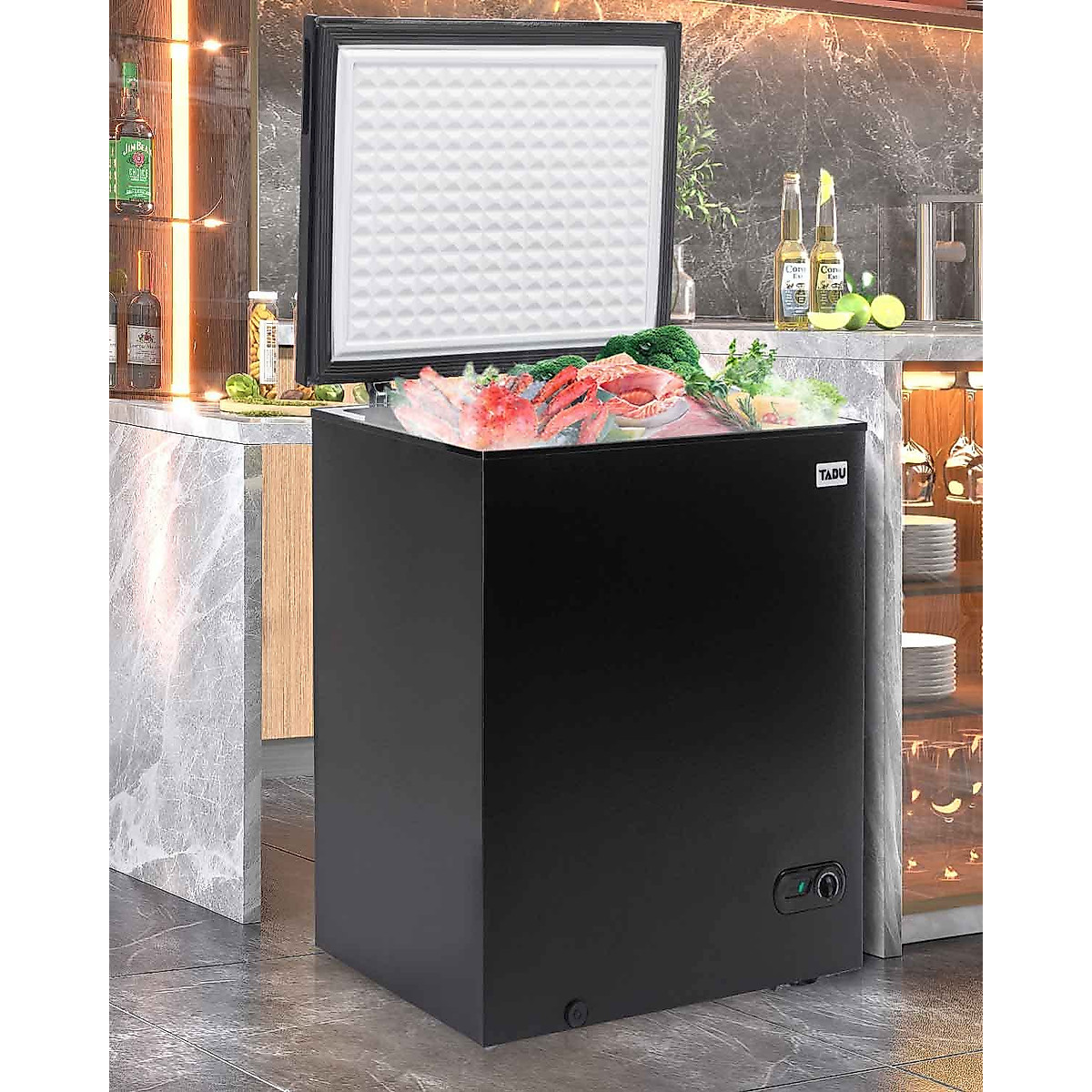 TABU 10.0 Cu Ft Chest Freezer, Deep Freezer with Removable Storage Basket, Top Open Door Chest Freezer, Black Freezer with 7 Level Adjustable Temperature, Compact Freezer with Top Open Door (Black)