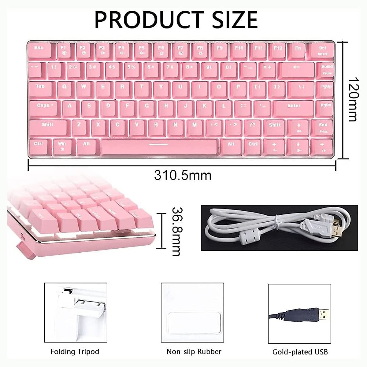 LexonElec Pink Gaming Mechanical Keyboard White Backlit 82 Keys Illuminated Type-C Wired Gaming Keyboard with Red Switches for Computer Gamers (Pink)