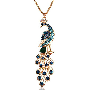 Alilang Golden Tone Blue Green Colored Rhinestone Peacock Bird Pendant Chain Necklace