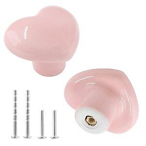 Qjaiune 2pcs Ceramic Cabinet Knobs Pink Drawer Knobs, Heart Shaped Dresser Knobs Cute Kitchen Cabinet Pull Handles, Small Vanity Knobs Hardware Closet Cupboard Knobs for Kids Girls Children's Bedroom