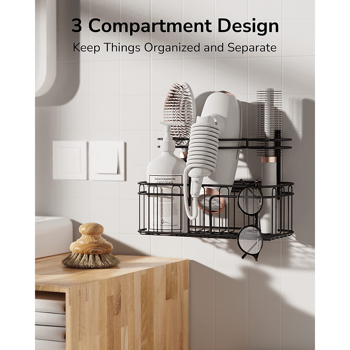 ULG Hair Dryer Holder, Hair Tool Organizer, 6 Adjustable Height, Wall Mounted/Cabinet Door, Bathroom Organizer Under Sink for Hair Dryer, Flat Irons, Curling Wands, Hair Straighteners, 3 Sections