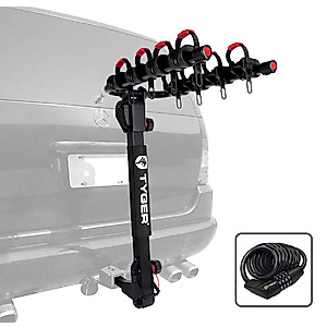 Tyger Auto TG-RK4B102B Deluxe 4-bike Carrier Rack Compatible with both 1-1/4'' and 2'' Hitch Receiver | with Hitch Pin Lock & Cable Lock | Soft Cushion Protector