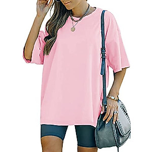 YEXIPO Women's Oversized T Shirts Summer Short Sleeve Loose Fit Casual Crewneck Plain Tunic Tops Pink