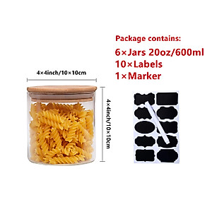 6 Piece Glass Storage Jars Set with Airtight Bamboo Lids and Labels, 20oz/600ml Glass Spice Jars Food Storage Containers for Home Kitchen,Pantry, Tea, Sugar, Salt, Coffee, Flour, Herbs, Grains