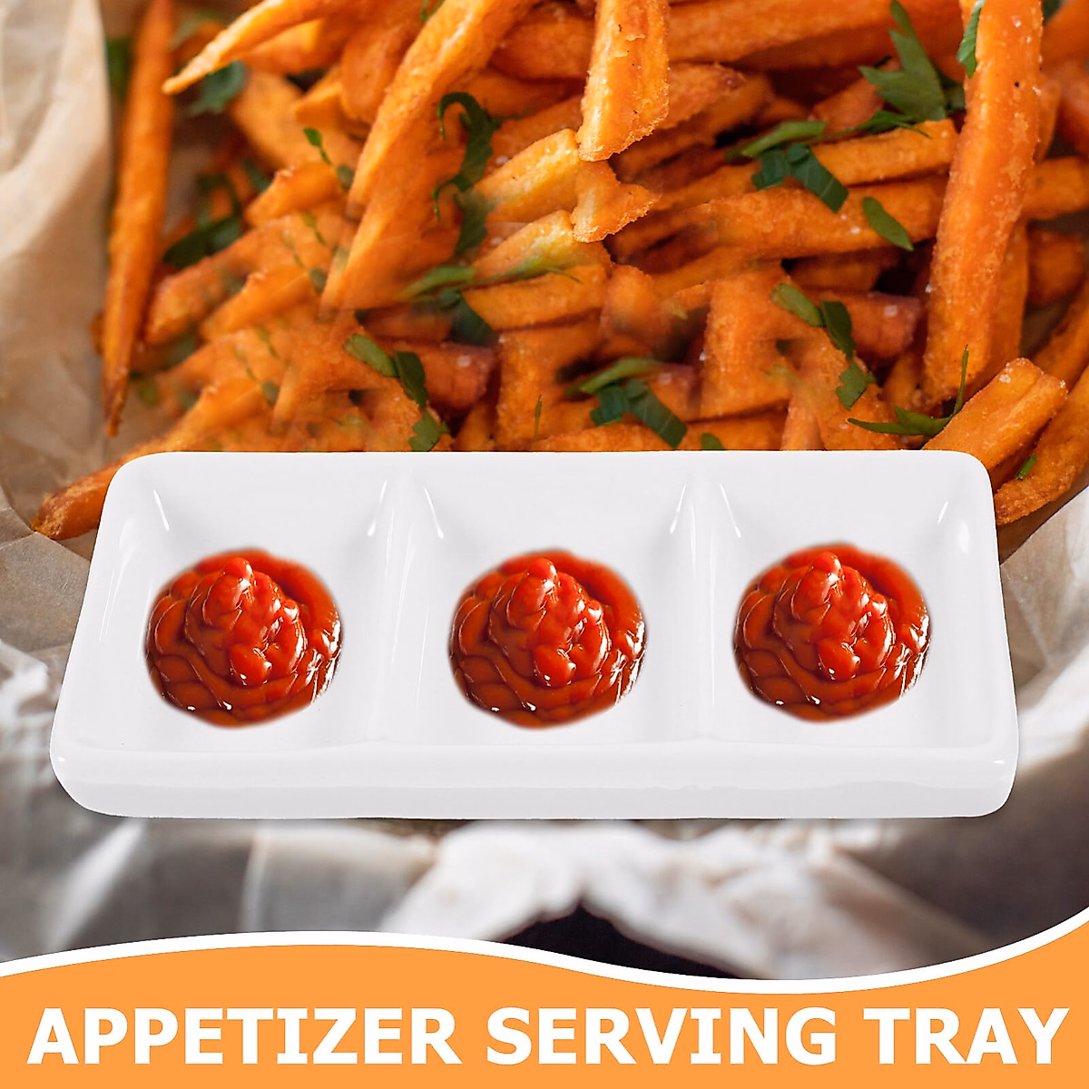 6 Inch Pure White Ceramic 3-Compartment Appetizer Serving Tray Rectangular Divided Sauce Dishes for Spice Dish Soy Sauce