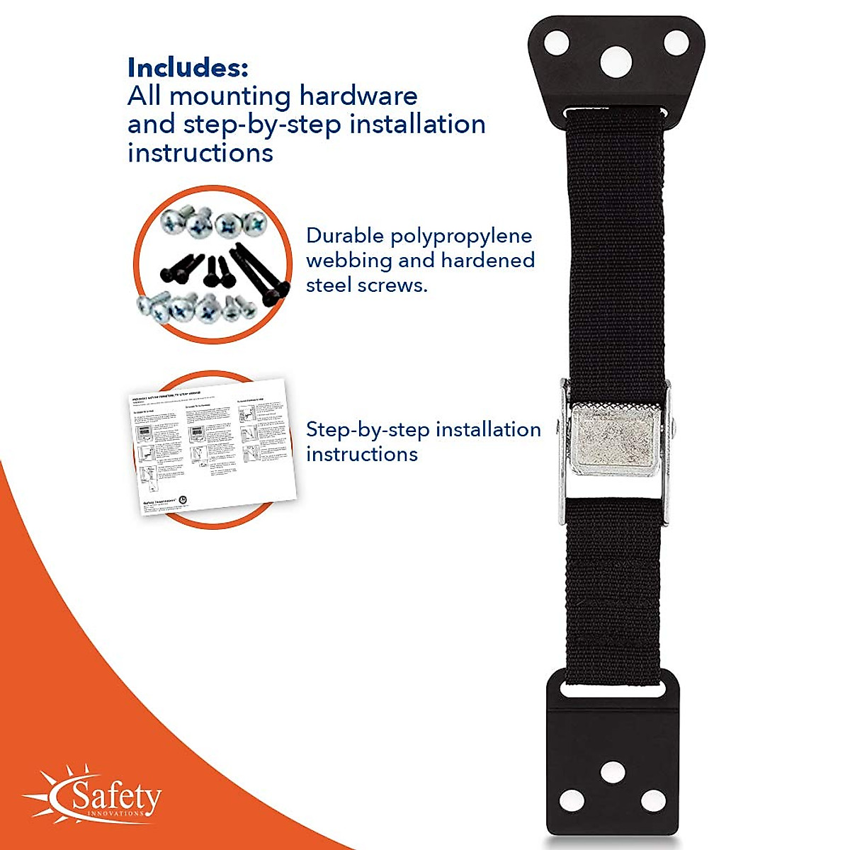 Safety Innovations Heavy Duty TV and Furniture Straps - Baby Proofing Anti Tip Straps for Child and Baby Safety - Expert Designed Strap Anchors Furniture to Walls to Prevent Tip-Overs 2Pk (Black)