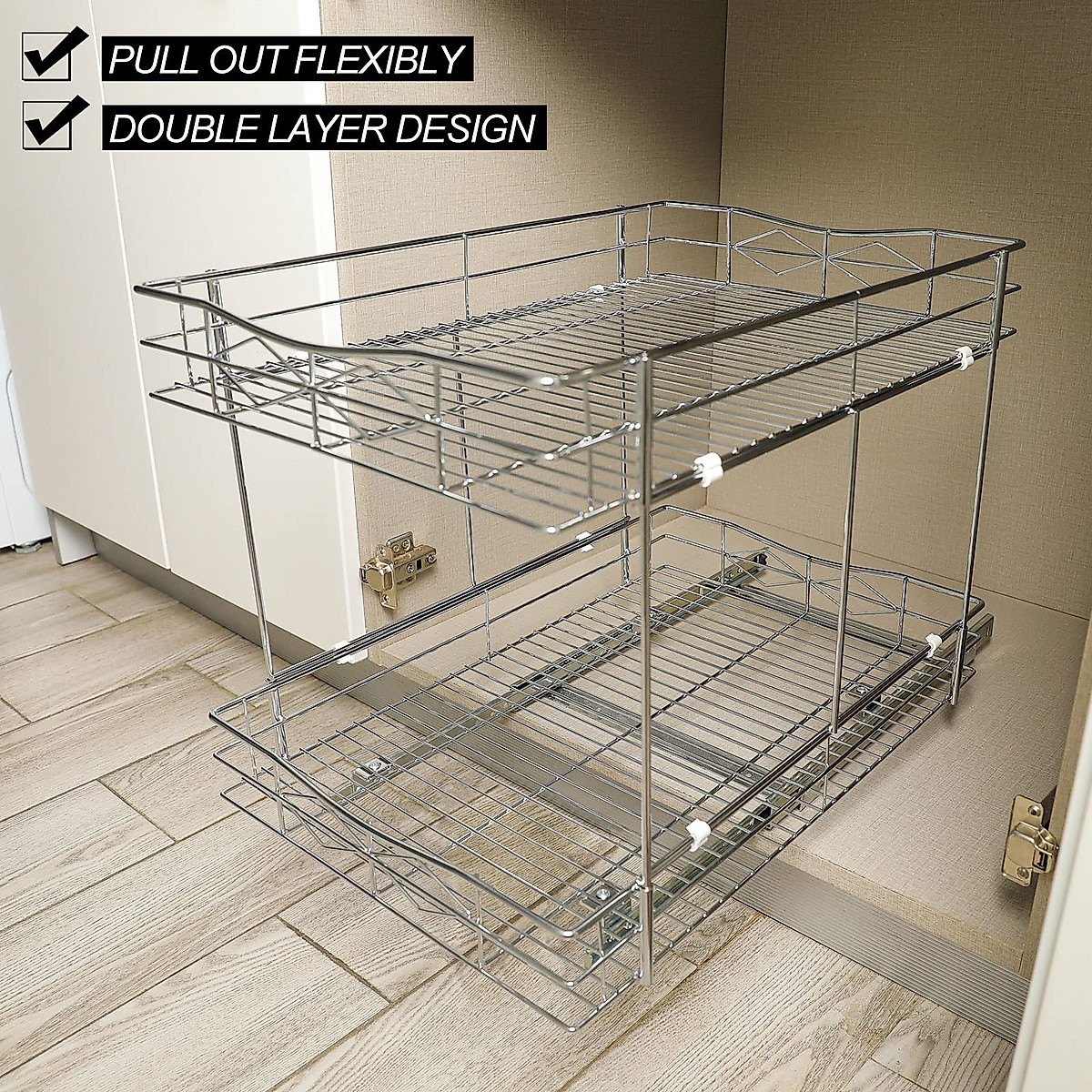 TQVAI 2 Tier Pull Out Cabinet Organizer, Sliding Out Under Sink Cookware Organizer, Wire Shelf Storage Basket for Kitchen Bathroom - 14" W x 21" D x 16-3/8"H, Request at Least 15 Inch Cabinet Opening