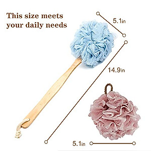 Shower Loofah, Bath Sponge Set Includes 1 Long Handled Back Scrubber & 1 Shower Brush for Women & Men Body, Exfoliating Scrubber Brush for Spa Washing, Blue & Pink