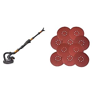 WEN 6369 Variable Speed 5 Amp Drywall Sander with 15' Hose & 6369SP150 150-Grit Hook and Loop 9-Inch Drywall Sander Sandpaper, 10-Pack